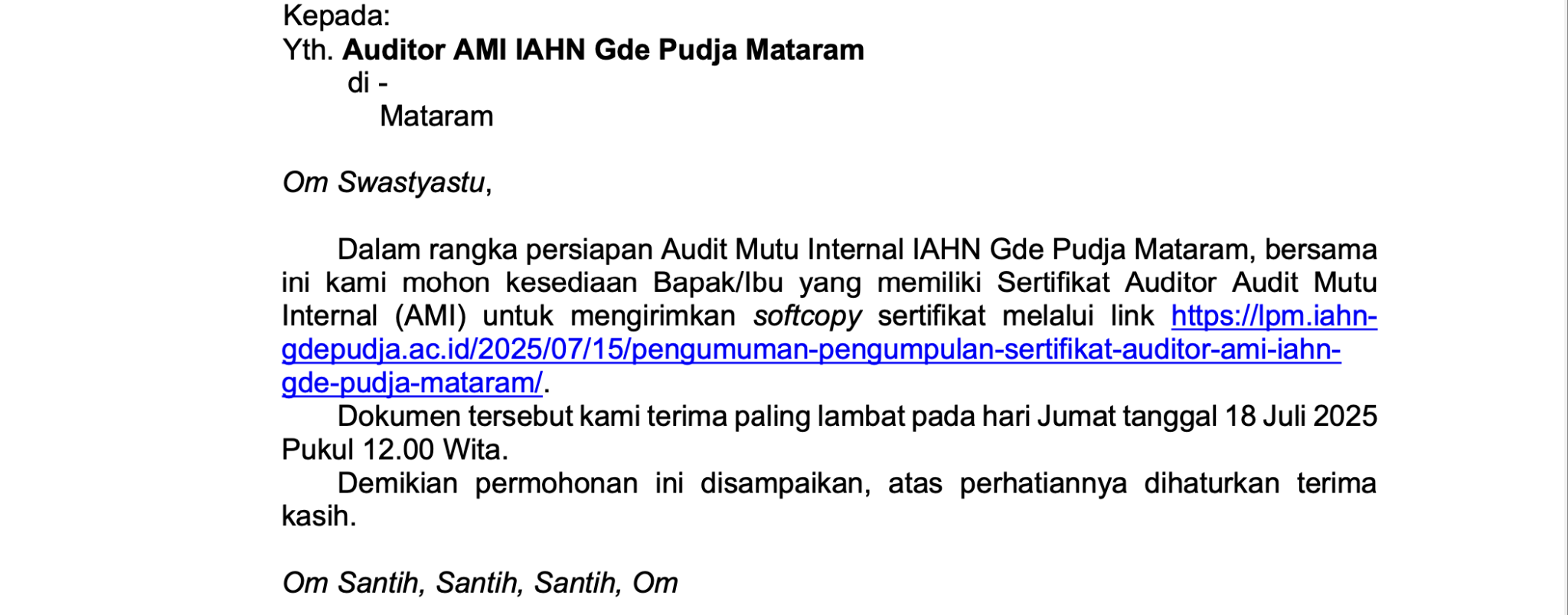 Pengumuman Pengumpulan Sertifikat Auditor AMI IAHN Gde Pudja Mataram ...